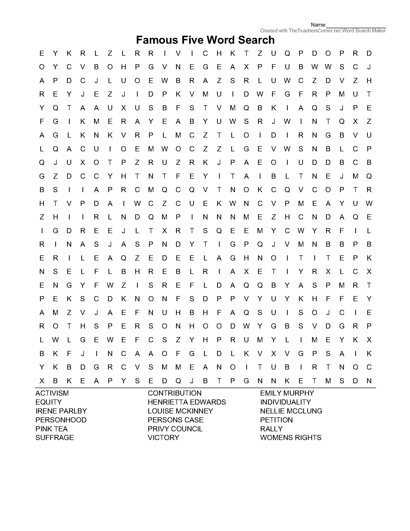 Famous Five Word Search Claresholm Museum
